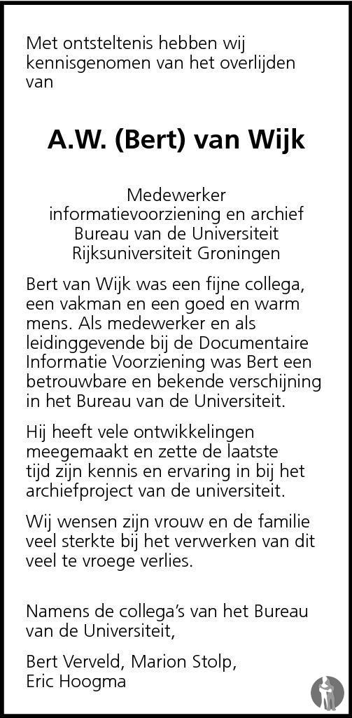 Albert Wiebe (Bert) van Wijk 14-09-2012 overlijdensbericht en ...