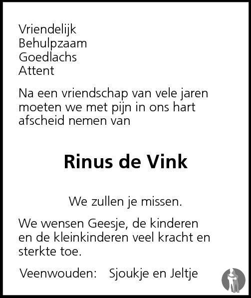 Marinus Johannes Gijsbertus de Vink 09-10-2012 overlijdensbericht en ...