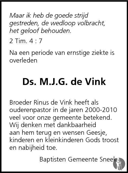 Marinus Johannes Gijsbertus de Vink 09-10-2012 overlijdensbericht en ...