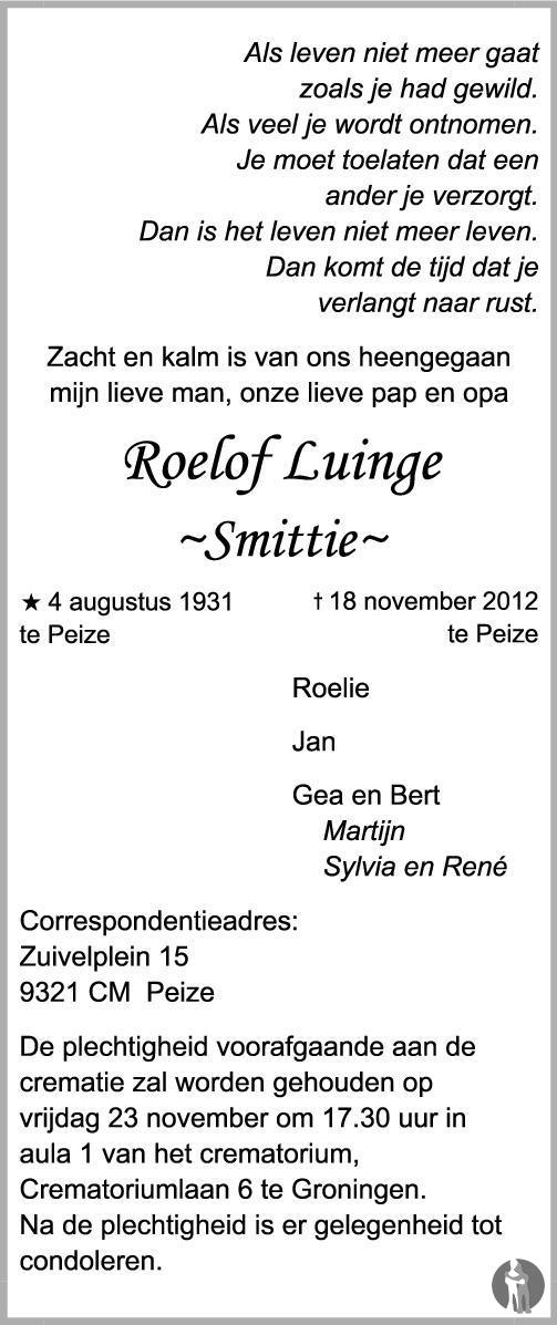 Roelof (Smittie) Luinge 18-11-2012 overlijdensbericht en condoleances ...