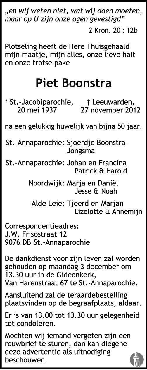 Piet Boonstra 27-11-2012 overlijdensbericht en condoleances - Mensenlinq.nl