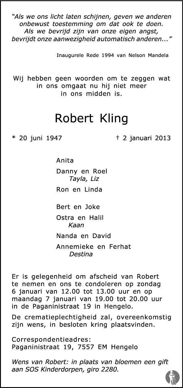 Robert Kling 02-01-2013 overlijdensbericht en condoleances - Mensenlinq.nl