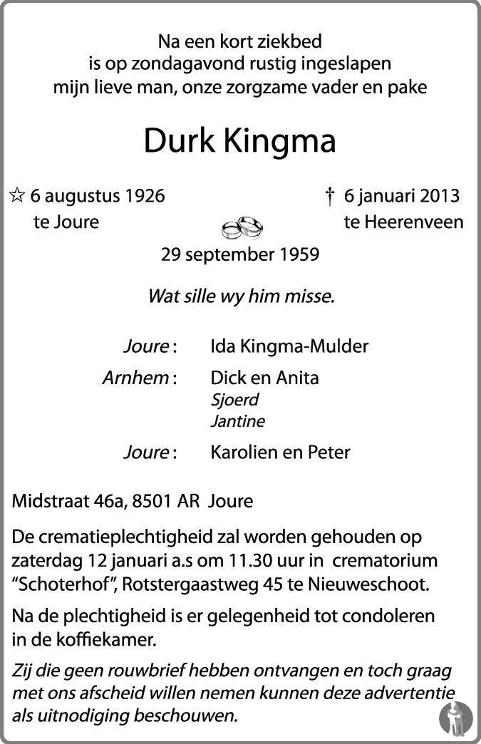 Durk Kingma 06-01-2013 overlijdensbericht en condoleances - Mensenlinq.nl