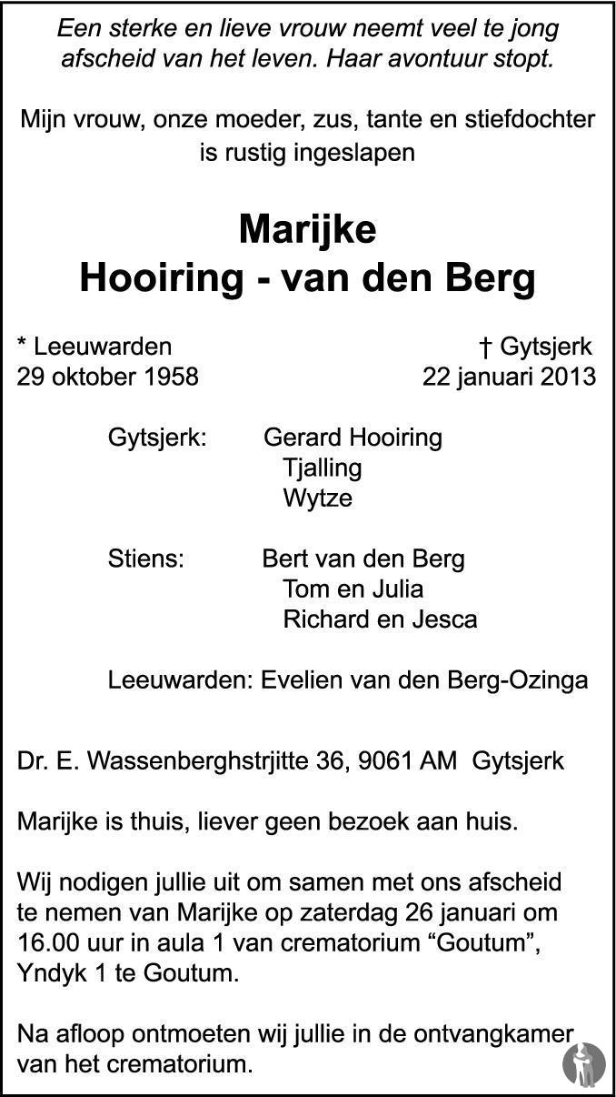 Marijke Hooiring - van den Berg 22-01-2013 overlijdensbericht en ...