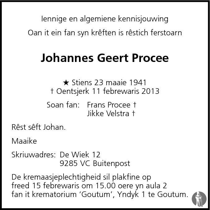Johannes Geert Procee 11-02-2013 overlijdensbericht en condoleances ...