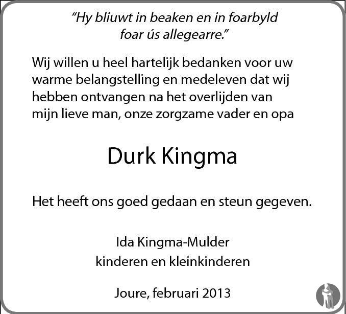 Durk Kingma 06-01-2013 overlijdensbericht en condoleances - Mensenlinq.nl