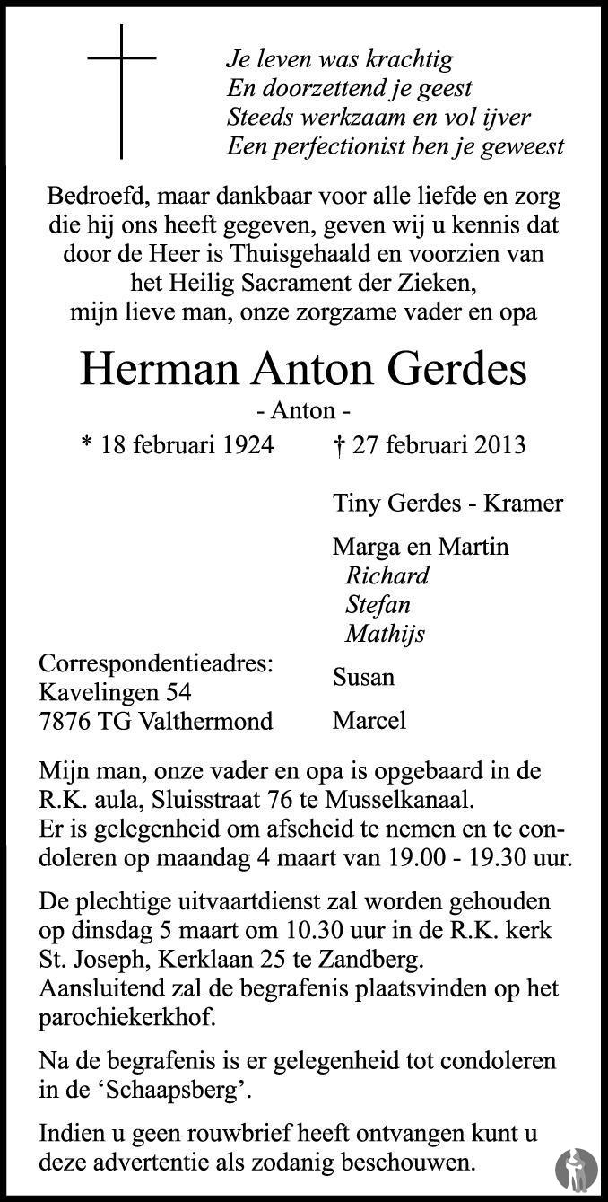 Herman Anton (Anton) Gerdes 27-02-2013 overlijdensbericht en ...