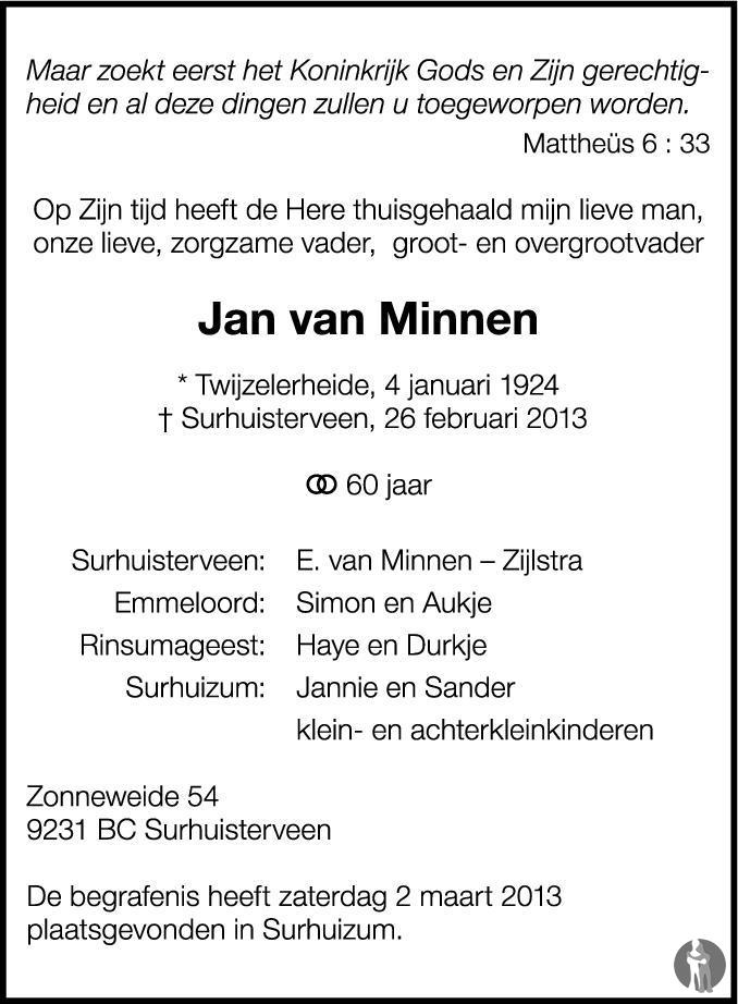Jan van Minnen 26-02-2013 overlijdensbericht en condoleances ...