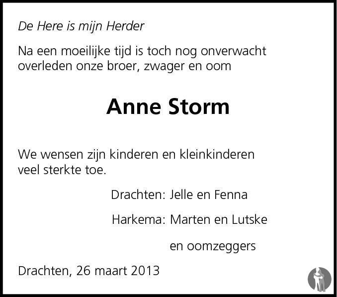 Anne Storm 26-02-2013 overlijdensbericht en condoleances - Mensenlinq.nl