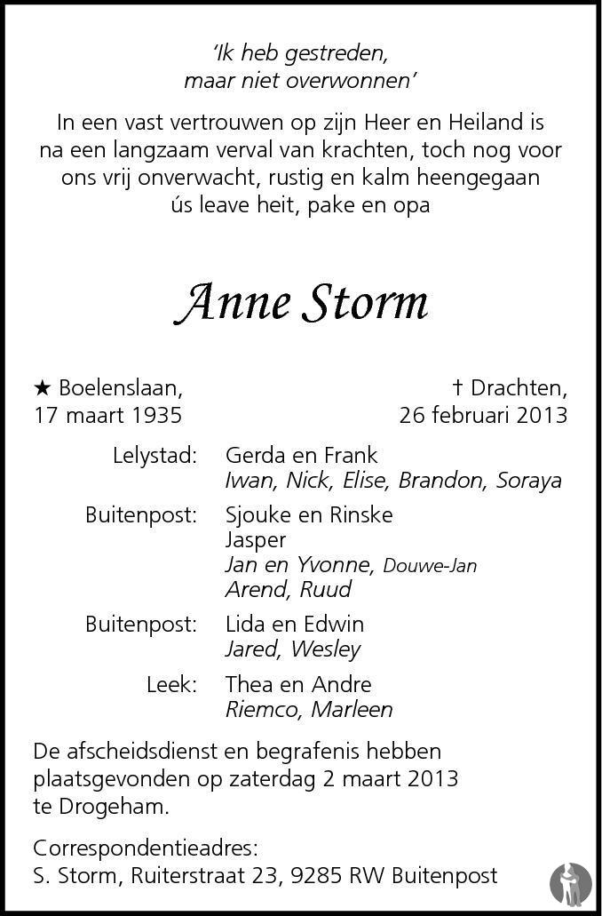 Anne Storm 26-02-2013 overlijdensbericht en condoleances - Mensenlinq.nl