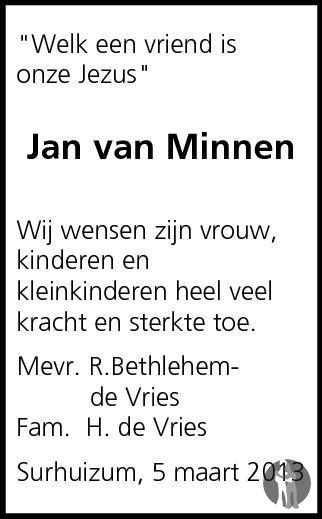 Jan van Minnen 26-02-2013 overlijdensbericht en condoleances ...