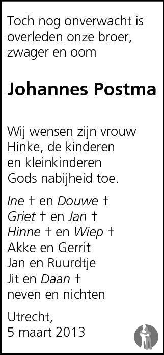 Johannes Postma 05-03-2013 overlijdensbericht en condoleances - Mensenlinq.nl