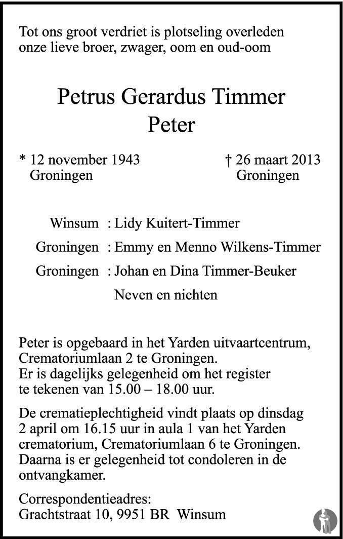 Petrus Gerardus (Peter) Timmer 26-03-2013 overlijdensbericht en ...