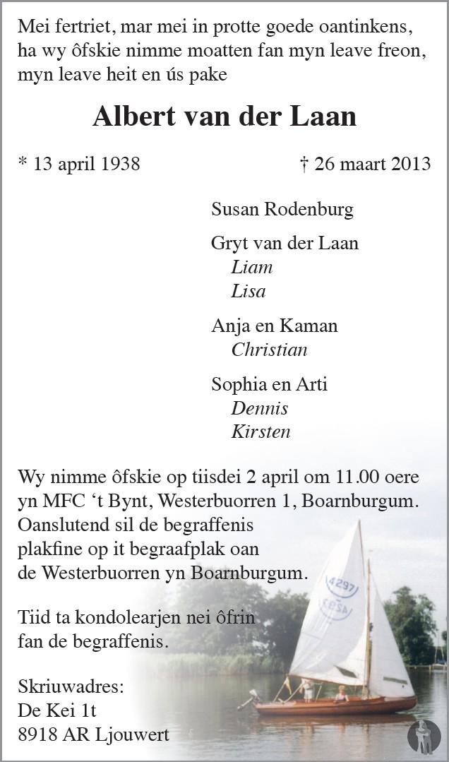 Albert van der Laan 26-03-2013 overlijdensbericht en condoleances ...