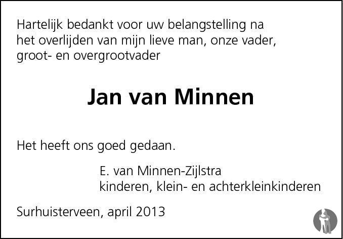 Jan van Minnen 26-02-2013 overlijdensbericht en condoleances ...