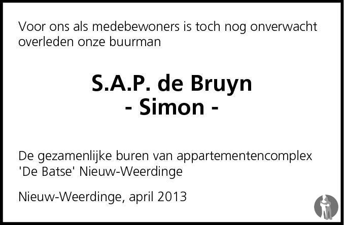 S.A.P. (Simon) de Bruyn 09-04-2013 overlijdensbericht en condoleances ...