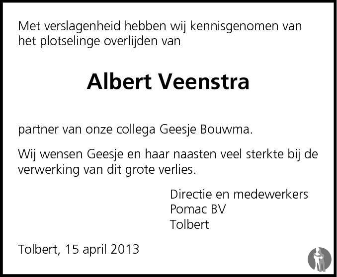 Albert Veenstra 14-04-2013 overlijdensbericht en condoleances ...