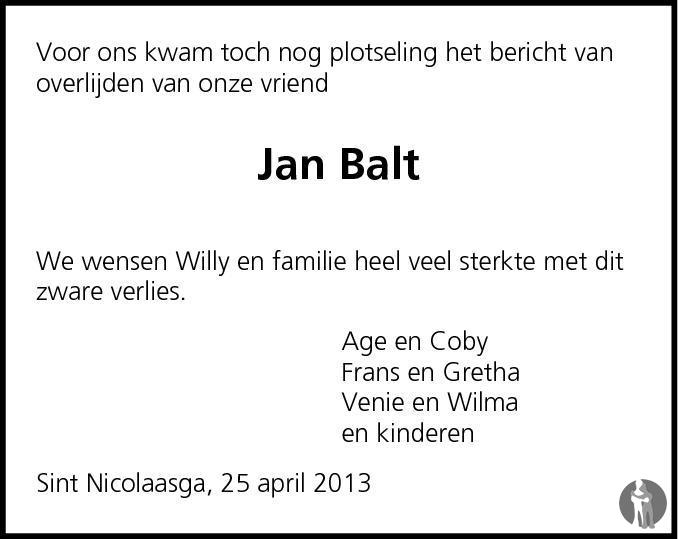 Jan Balt 25-04-2013 overlijdensbericht en condoleances - Mensenlinq.nl
