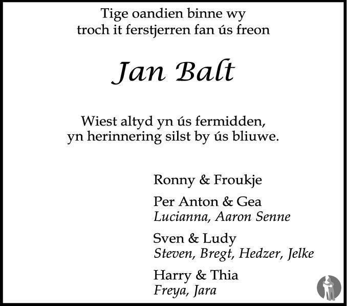 Jan Balt 25-04-2013 overlijdensbericht en condoleances - Mensenlinq.nl