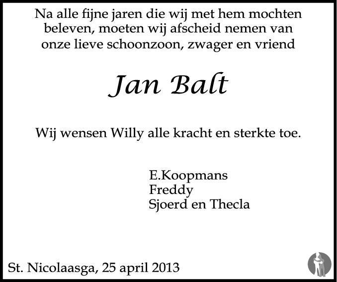 Jan Balt 25-04-2013 overlijdensbericht en condoleances - Mensenlinq.nl