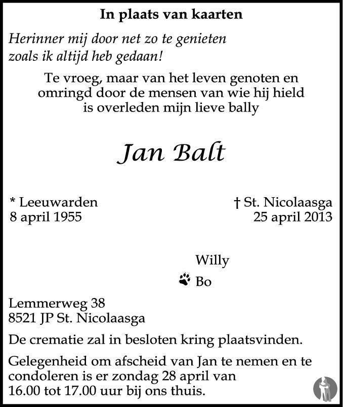 Jan Balt 25-04-2013 overlijdensbericht en condoleances - Mensenlinq.nl