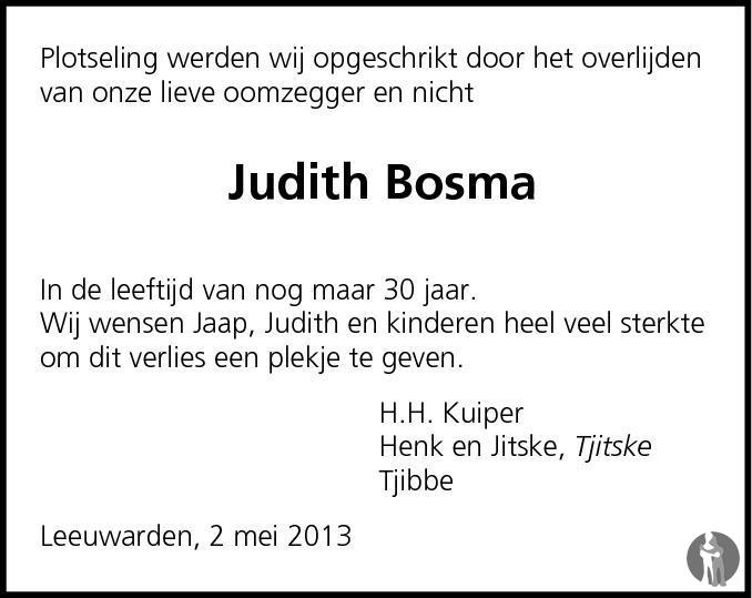 Judith Bosma 02-05-2013 overlijdensbericht en condoleances - Mensenlinq.nl