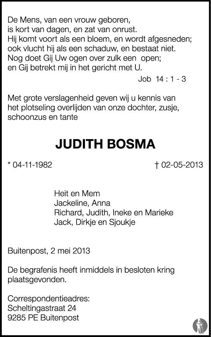 Judith Bosma 02-05-2013 overlijdensbericht en condoleances - Mensenlinq.nl
