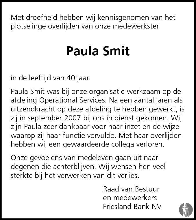 Paula Smit 17-05-2013 overlijdensbericht en condoleances - Mensenlinq.nl
