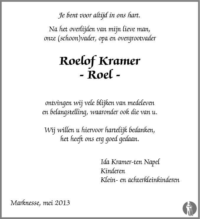 Roelof (Roel) Kramer 19-04-2013 overlijdensbericht en condoleances ...