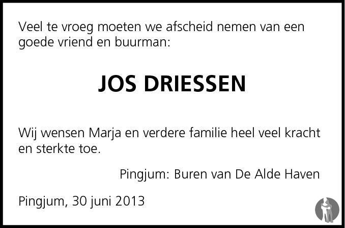 Jos Driessen 30-06-2013 overlijdensbericht en condoleances - Mensenlinq.nl