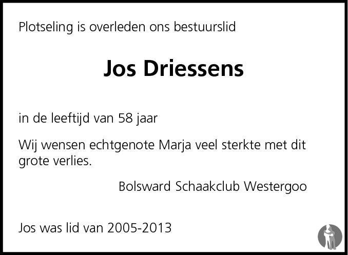 Jos Driessen 30-06-2013 overlijdensbericht en condoleances - Mensenlinq.nl