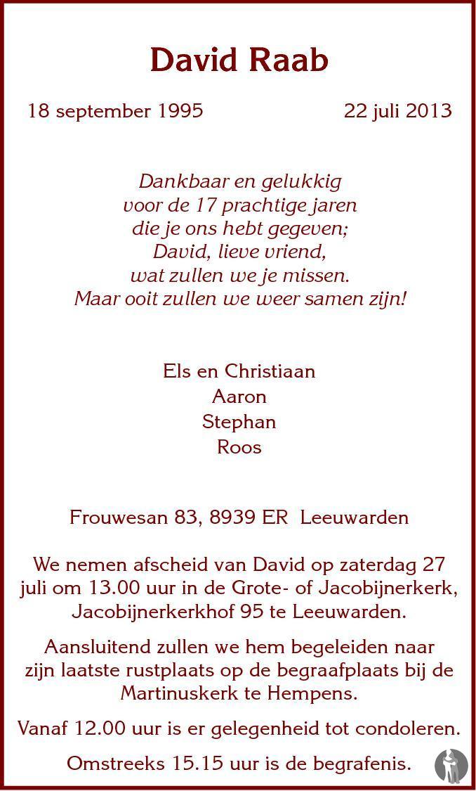 David Raab 22-07-2013 overlijdensbericht en condoleances - Mensenlinq.nl