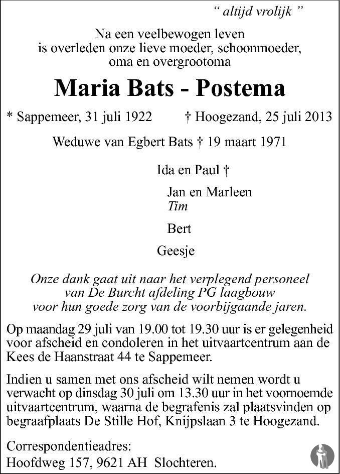 Maria Bats - Postema 25-07-2013 overlijdensbericht en condoleances ...