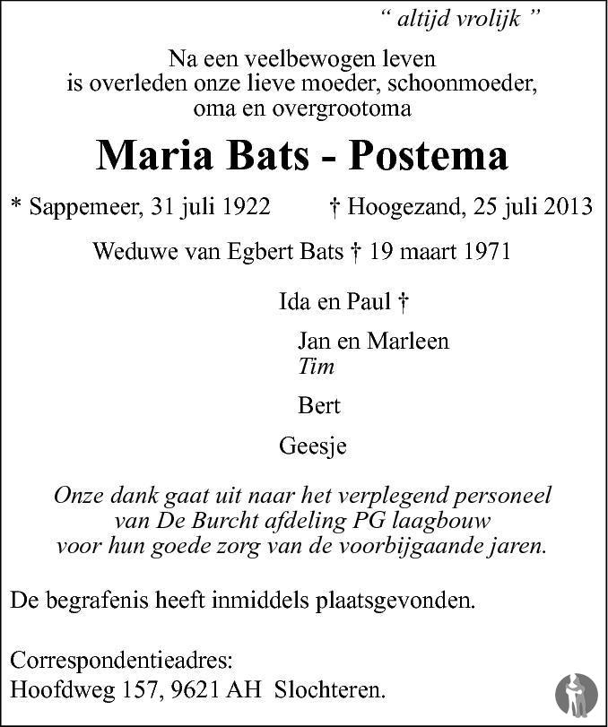 Maria Bats - Postema 25-07-2013 overlijdensbericht en condoleances ...