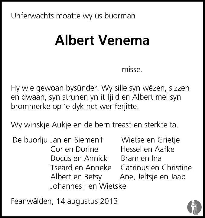 Albert Venema 14-08-2013 overlijdensbericht en condoleances - Mensenlinq.nl