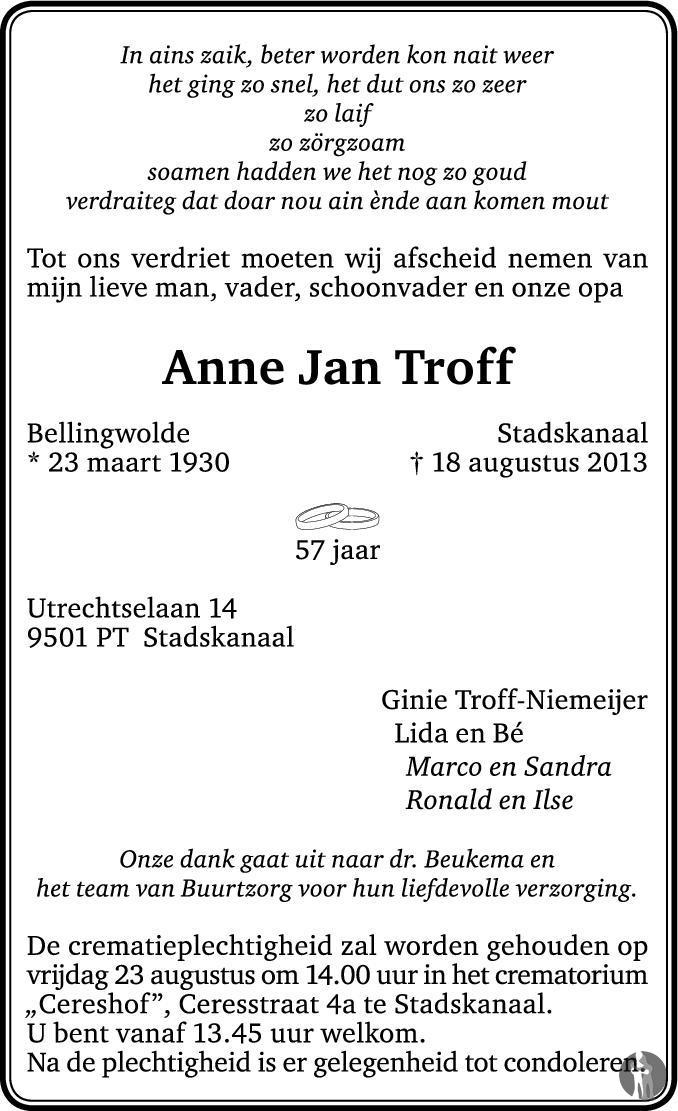 Anne Jan Troff 18-08-2013 overlijdensbericht en condoleances ...