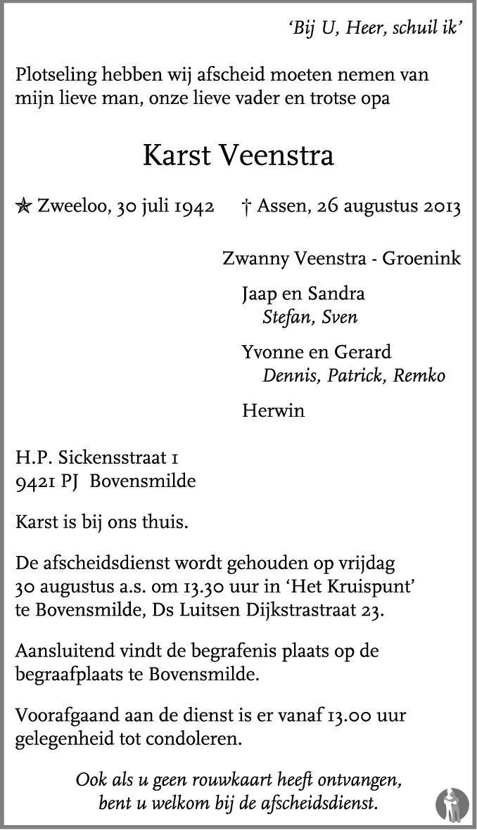 Karst Veenstra 26-08-2013 overlijdensbericht en condoleances ...