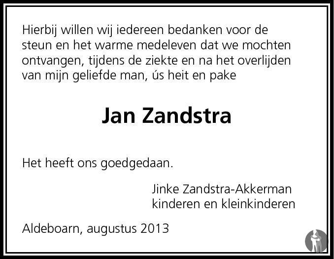 Jan Zandstra 22-06-2013 overlijdensbericht en condoleances - Mensenlinq.nl