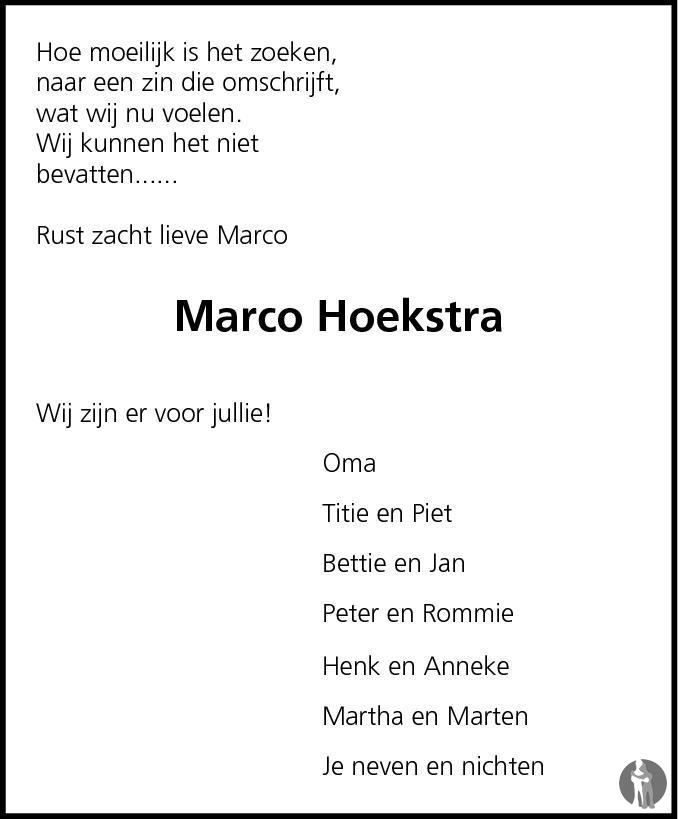 Marco Hoekstra 16-09-2013 overlijdensbericht en condoleances ...