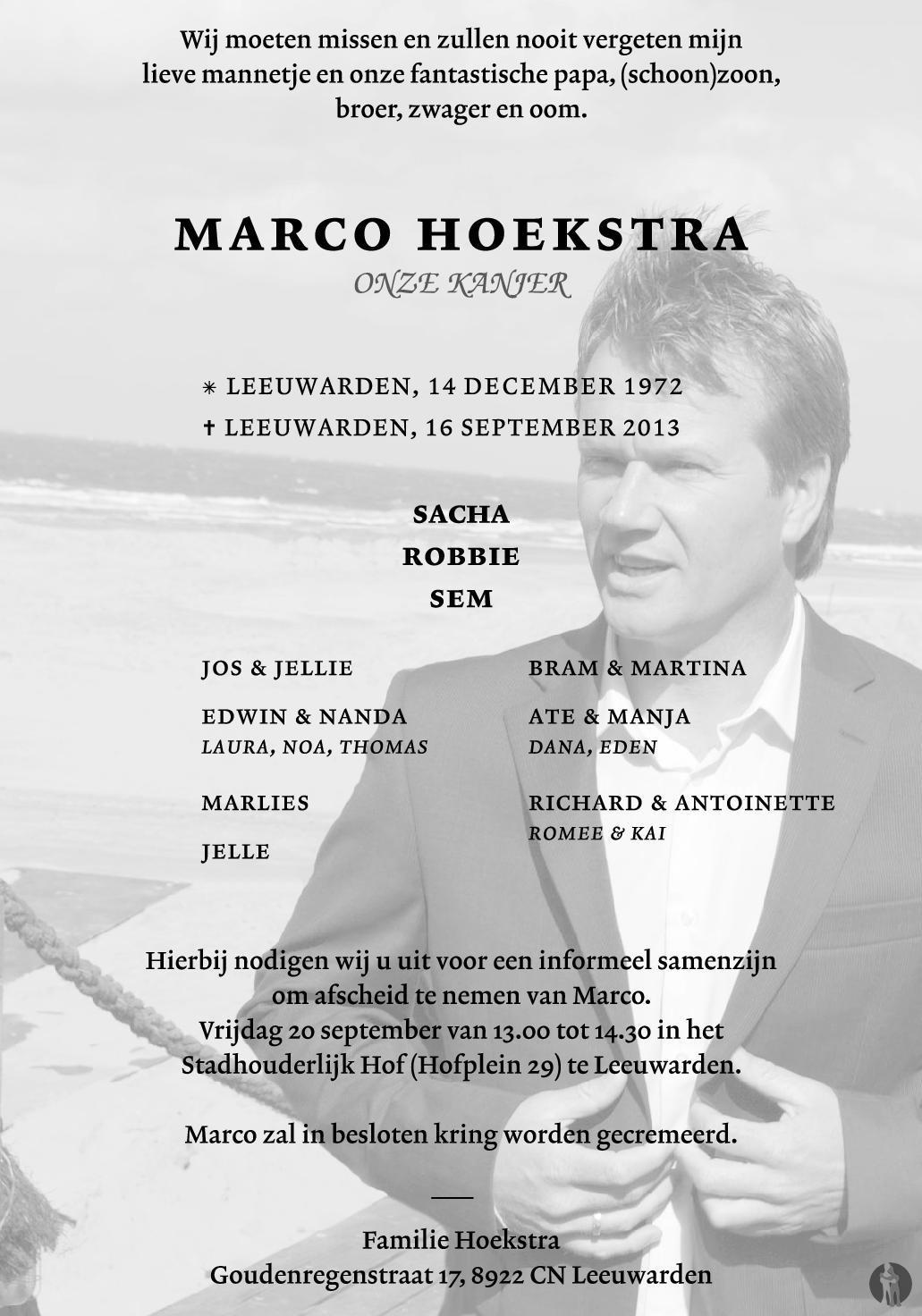 Marco Hoekstra 16-09-2013 overlijdensbericht en condoleances ...
