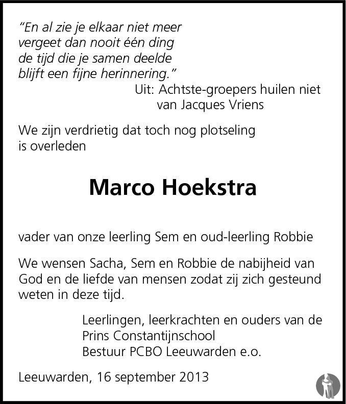 Marco Hoekstra 16-09-2013 overlijdensbericht en condoleances ...
