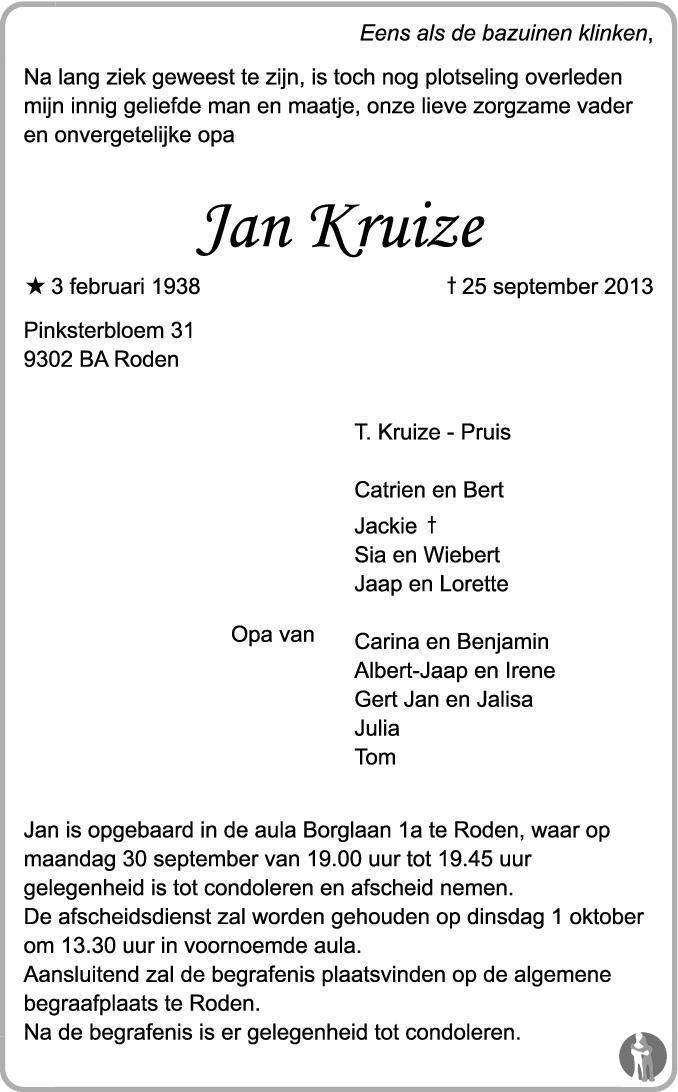 Jan Kruize 25-09-2013 overlijdensbericht en condoleances - Mensenlinq.nl
