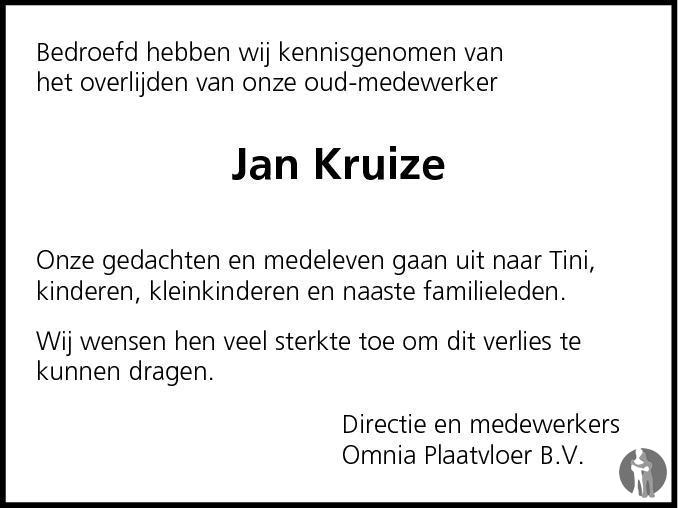 Jan Kruize 25-09-2013 overlijdensbericht en condoleances - Mensenlinq.nl