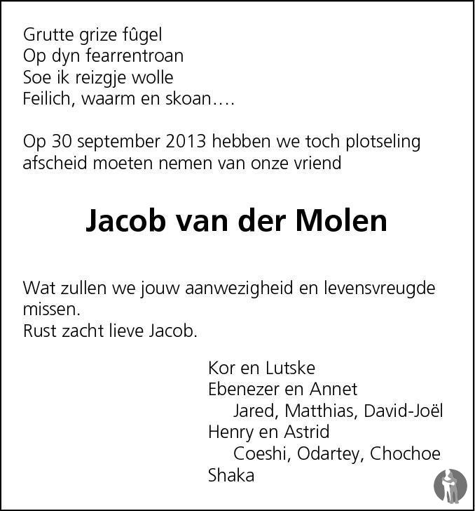 Jacob van der Molen 30-09-2013 overlijdensbericht en condoleances ...