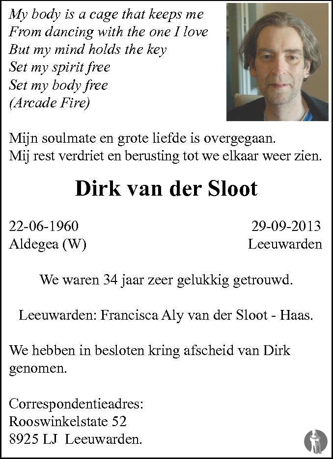Dirk van der Sloot 29-09-2013 overlijdensbericht en condoleances ...