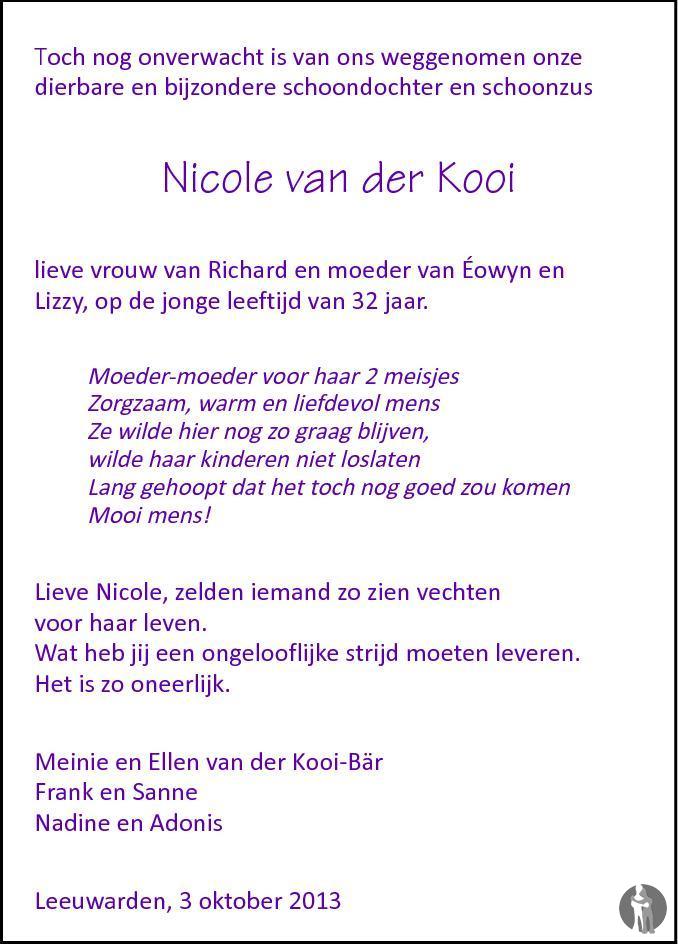 Nicole van der Kooi - Dijkstra 03-10-2013 overlijdensbericht en ...
