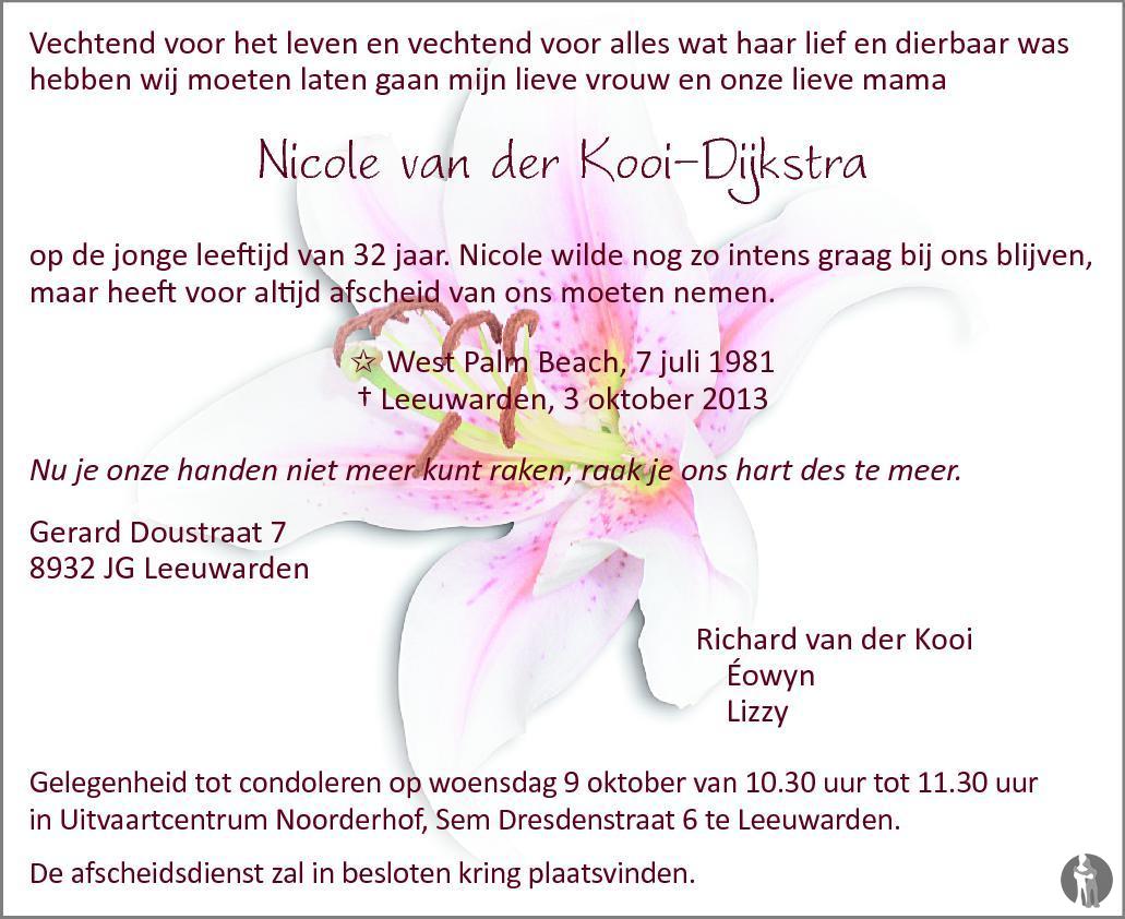 Nicole van der Kooi - Dijkstra 03-10-2013 overlijdensbericht en ...