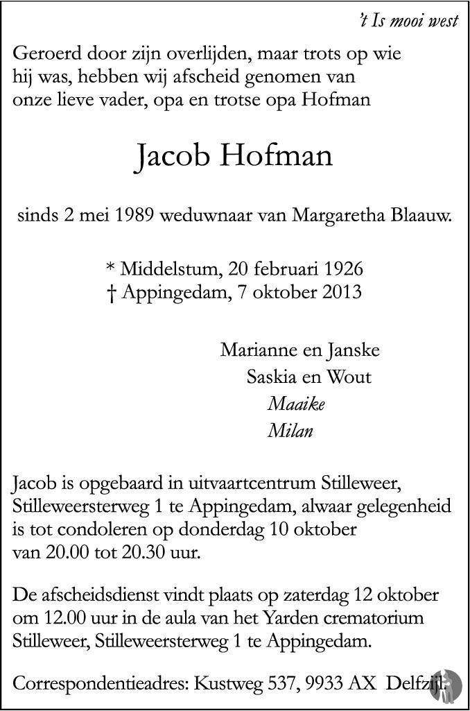 Jacob Hofman 07-10-2013 overlijdensbericht en condoleances - Mensenlinq.nl