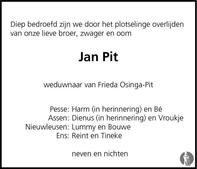 Jan Pit 14-10-2013 overlijdensbericht en condoleances - Mensenlinq.nl