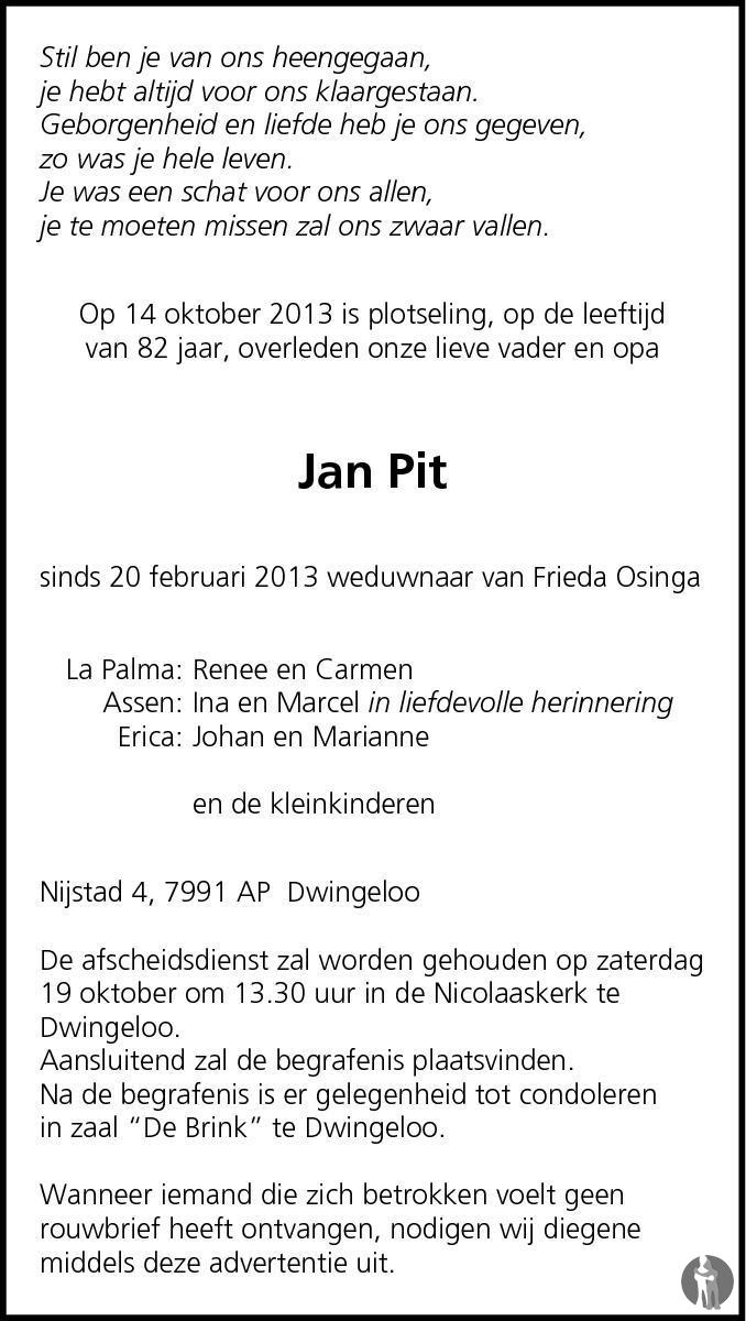 Jan Pit 14-10-2013 overlijdensbericht en condoleances - Mensenlinq.nl